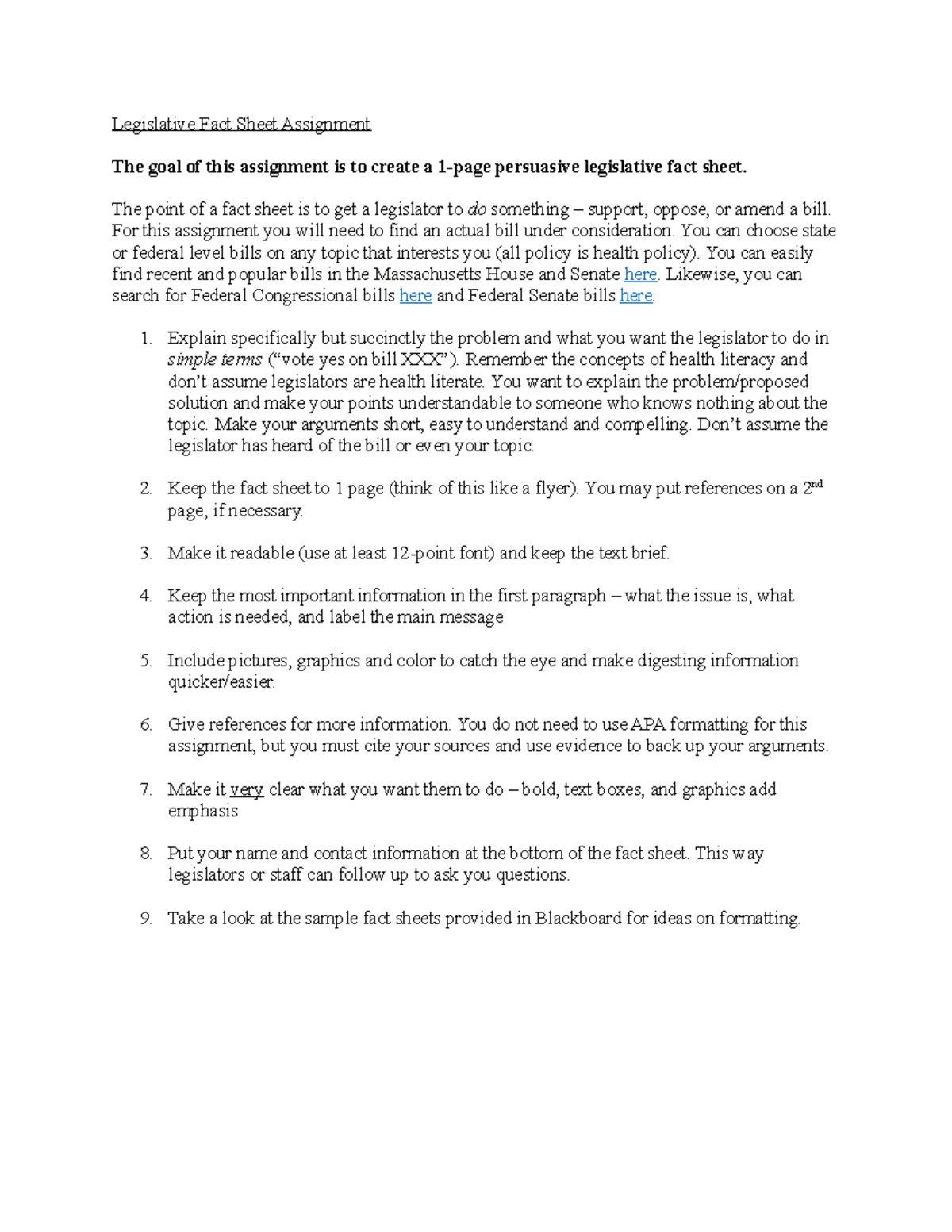 Legislative Fact Sheet Assignment PH(1): Persuasive 1-Page Guide - Studocu
