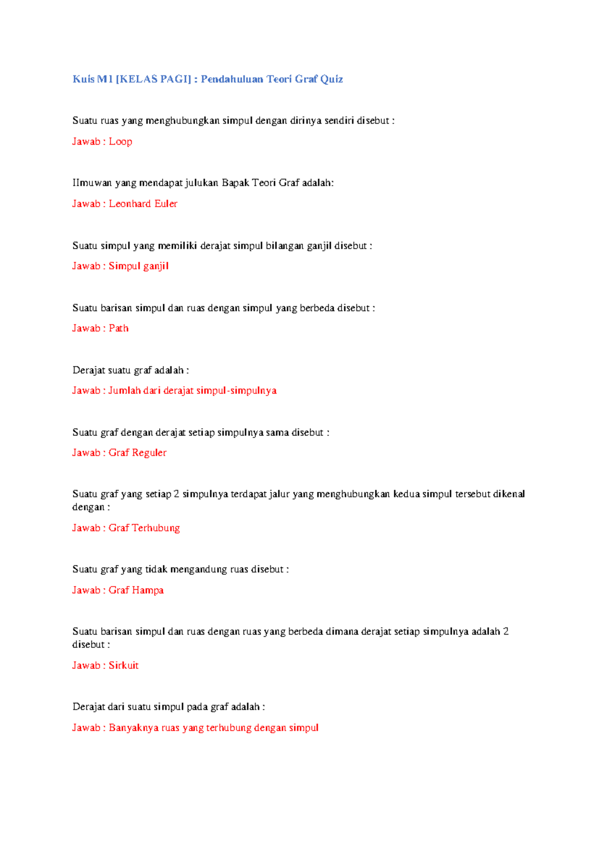 Kuis M1 - Pendahuluan Teori Graf M1: Pertanyaan dan Jawaban - Studocu