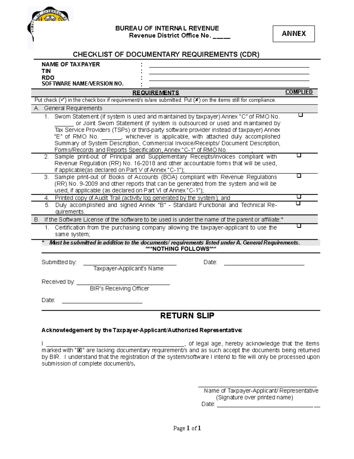 Annex A: Checklist of Documentary Requirements for Tax Compliance 2 ...