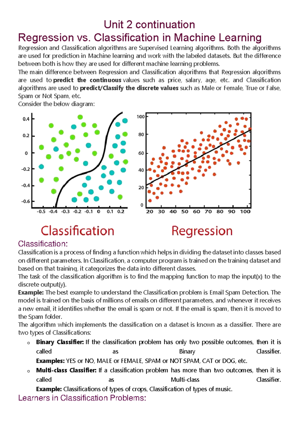 AI Unit 2: Regression vs. Classification in Machine Learning Notes ...