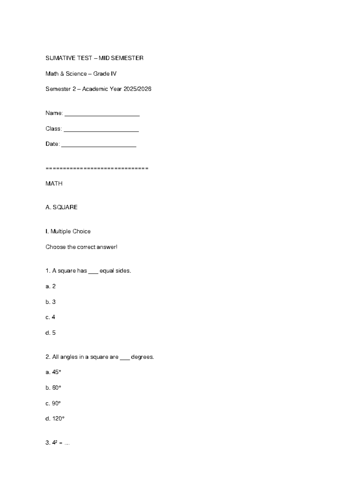 SUMMATIVE TEST MID SEMESTER MATH & SCIENCE GRADE IV - Studocu