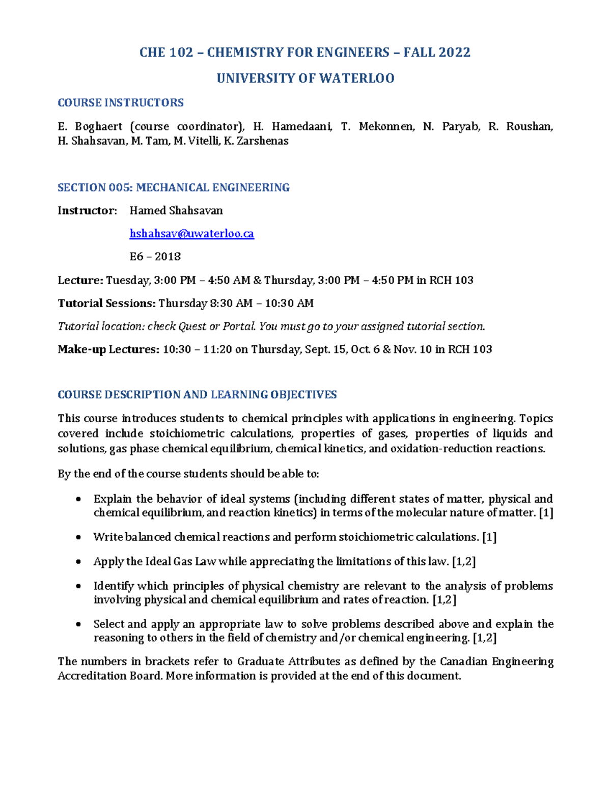 Course Outline for CHE 102 - Chemistry for Engineers, Fall 2022 - Studocu