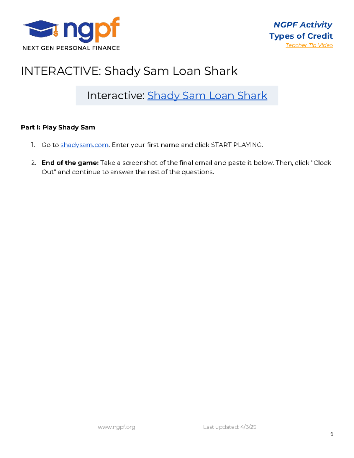 NGPF Activity: Interactive Shady Sam Loan Shark Reflection & Tips - Studocu