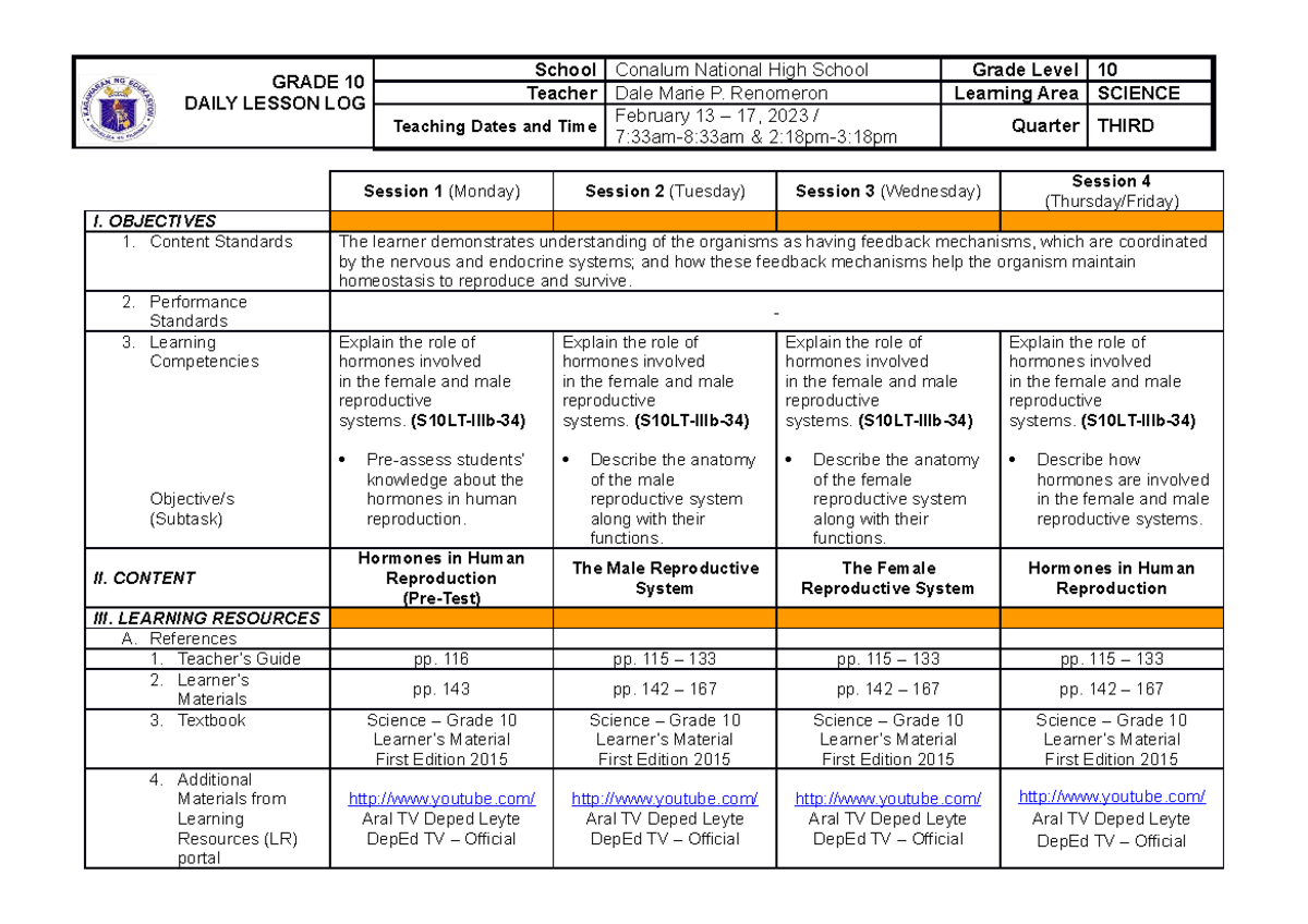 G10 DALE DLL Q3 WEEK 1 - Lesson - GRADE 10 DAILY LESSON LOG School Conalum National High School ...