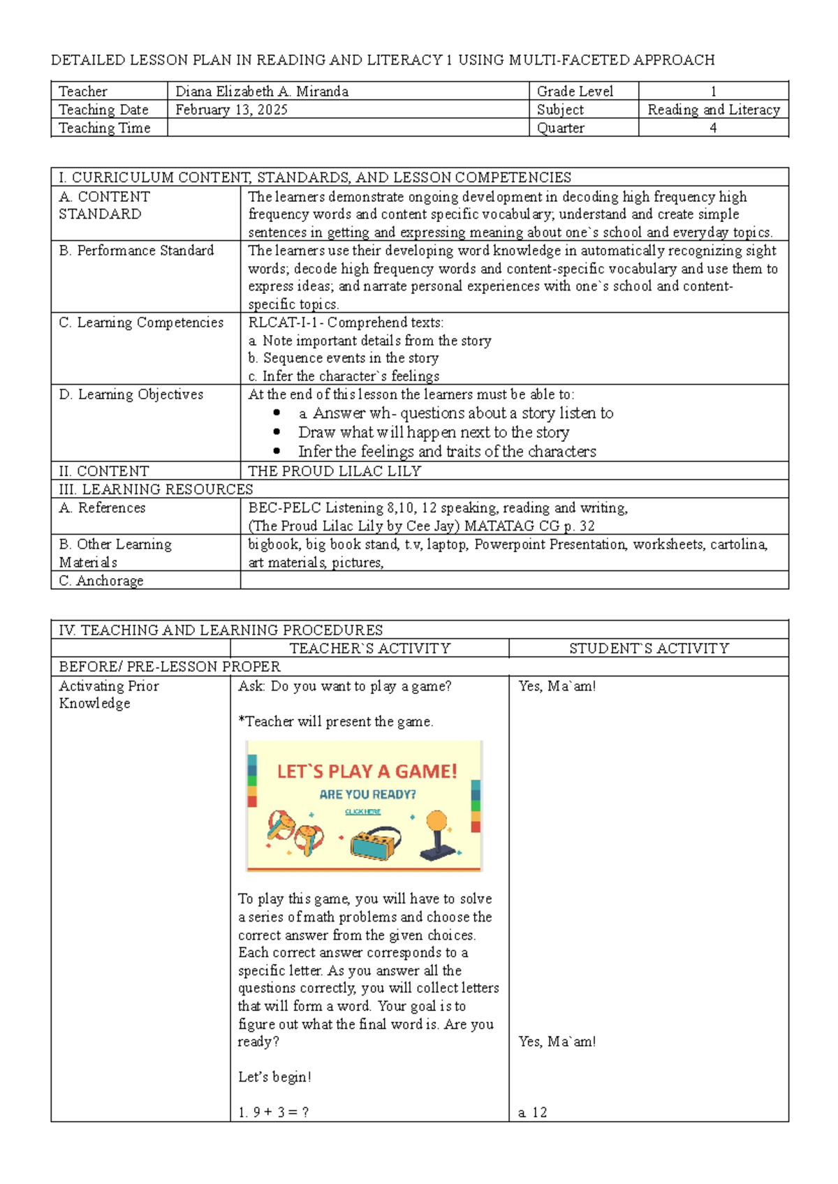 DLP: Detailed Lesson Plan for Reading & Literacy 1 (Demo) - Studocu