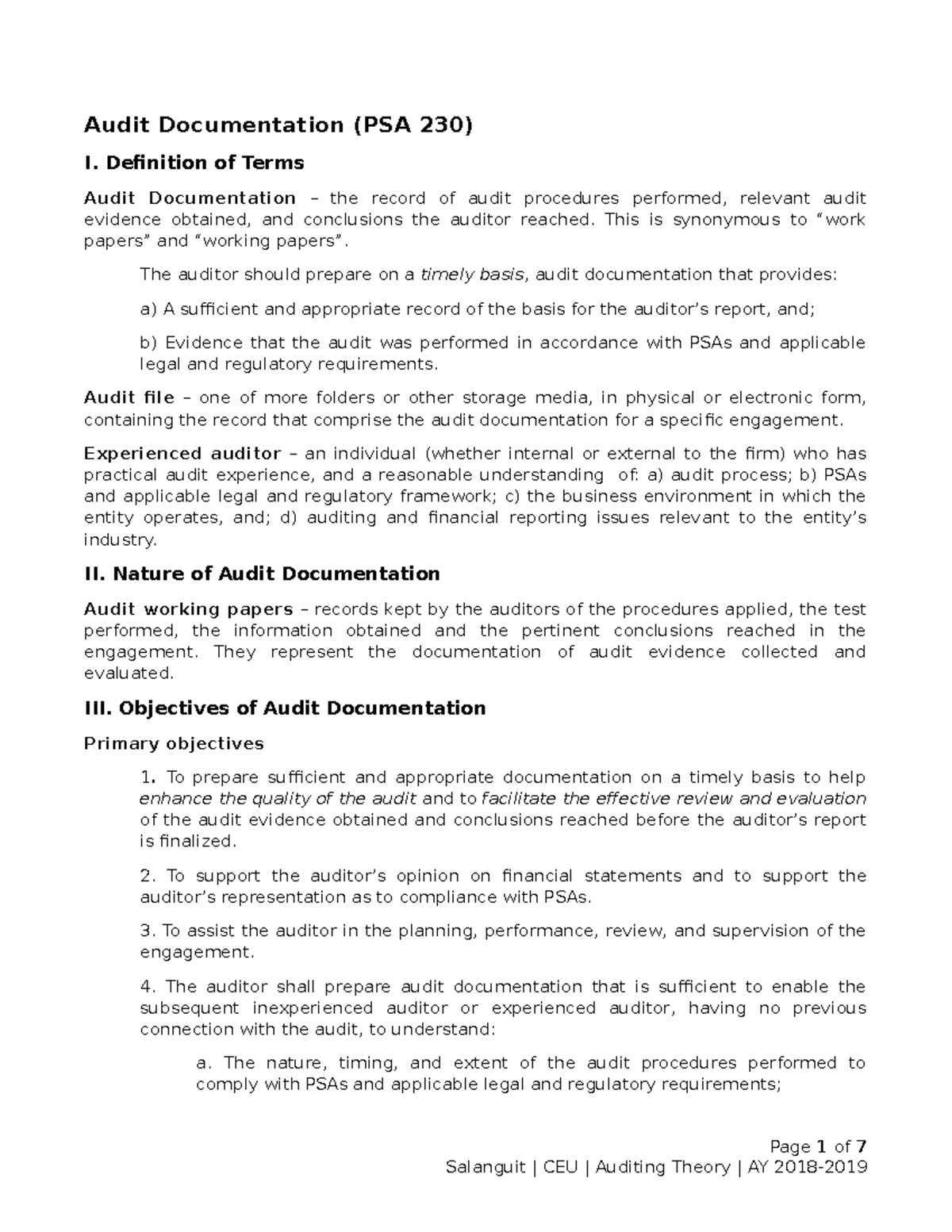 Audit Documentation - Definition of Terms Audit Documentation – the ...