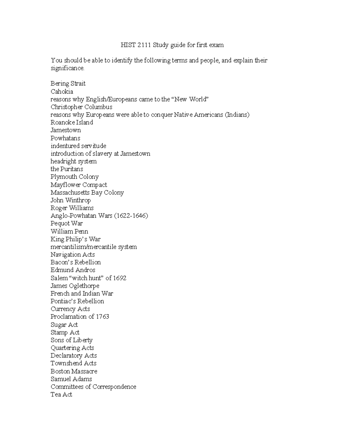 HIST 2111 Study Guide: Key Terms & Significance for First Exam - Studocu