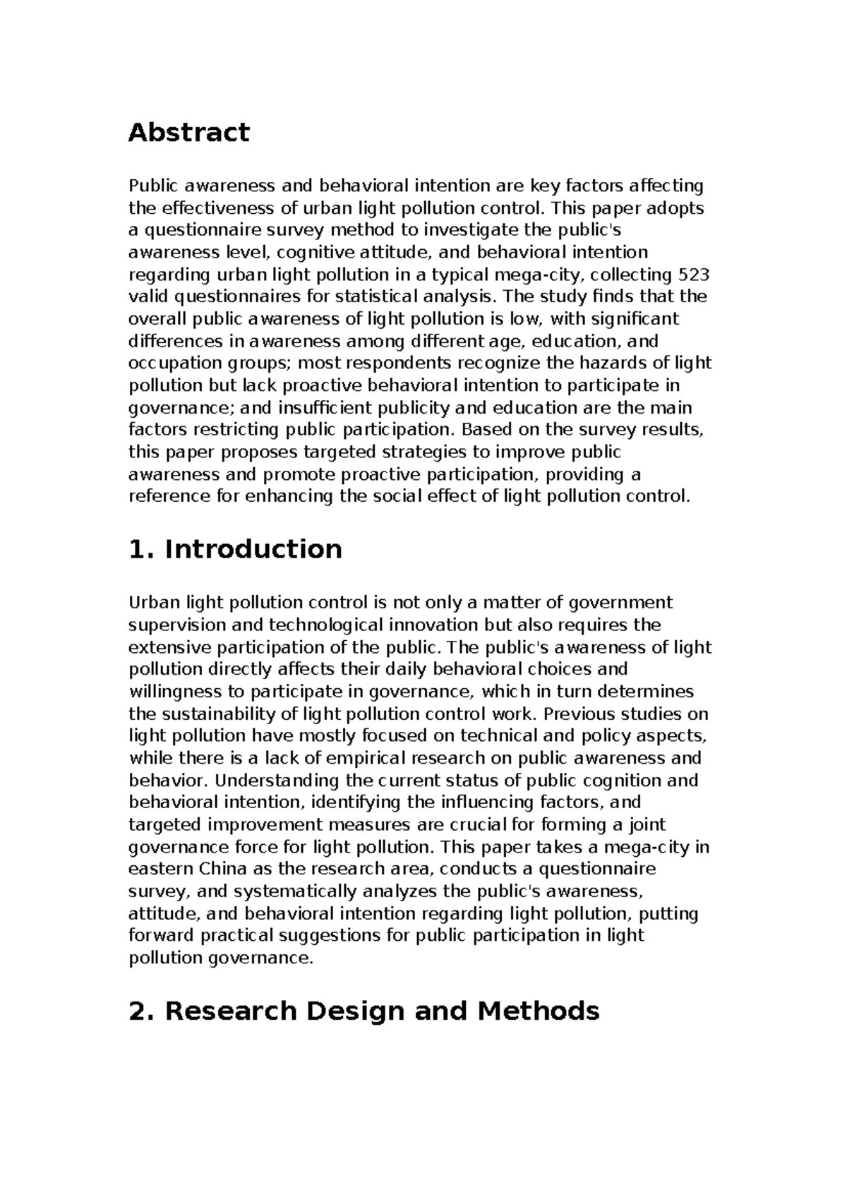 Public Awareness and Behavioral Intention on Urban Light Pollution: A ...