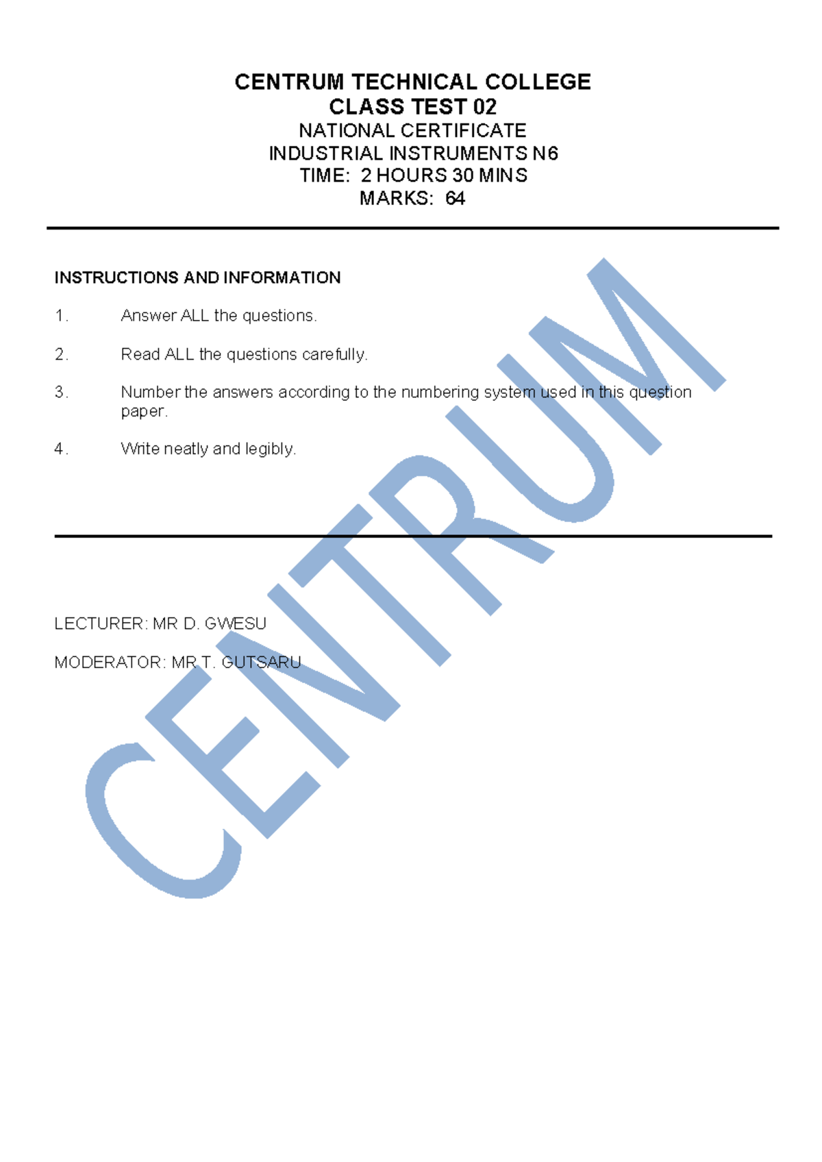 Industrial Instruments N6 Class Test 02: Question Paper & Instructions ...