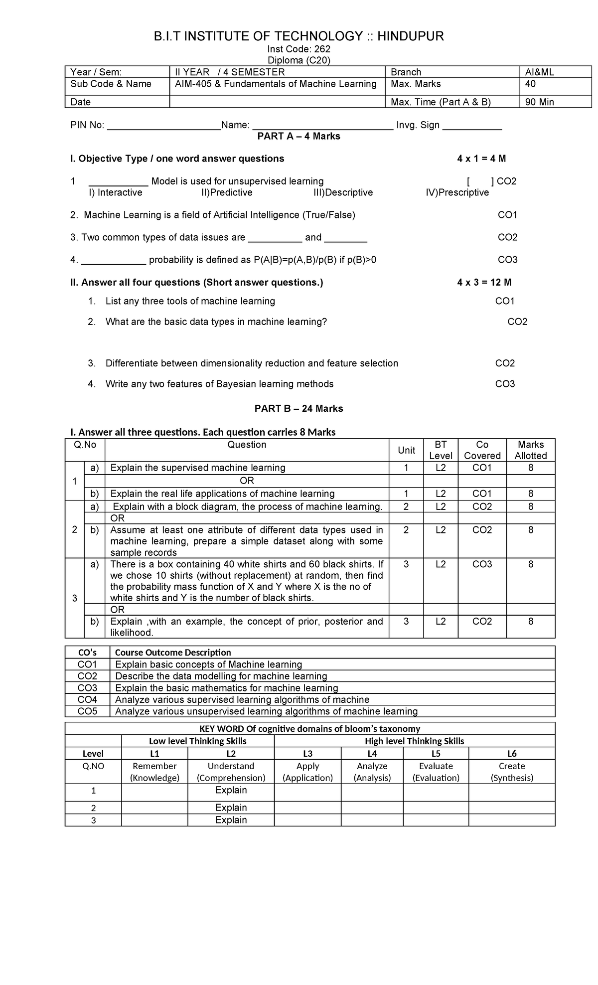 C20 II Year 4 Sem Fundamentals of Machine Learning Midterm QP - Studocu