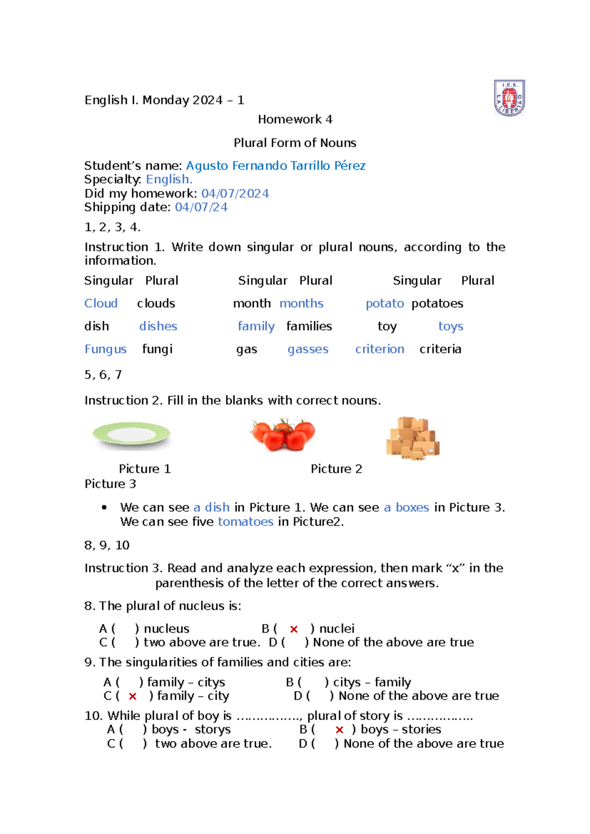 Tarea 4 ygygiyguh - English I. Monday 2024 – 1 Homework 4 Plural Form ...