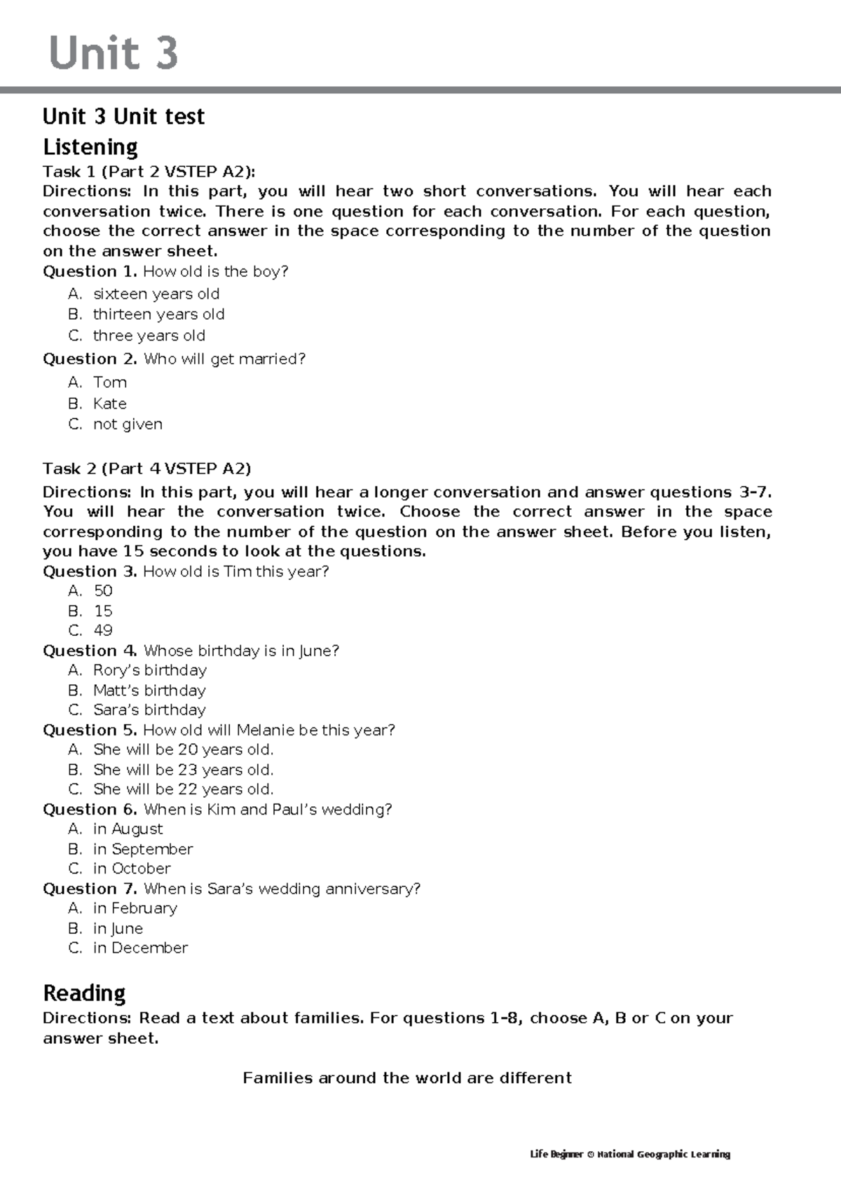 Beginner - Unit 3 Listening & Reading Test MG - Studocu