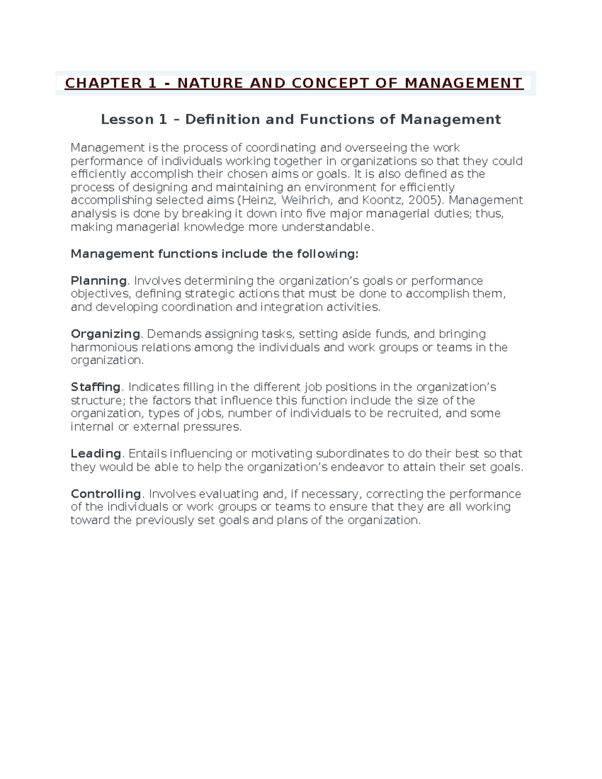 CHAPTER 1: Definition & Functions of Management (MGMT 101) - Studocu