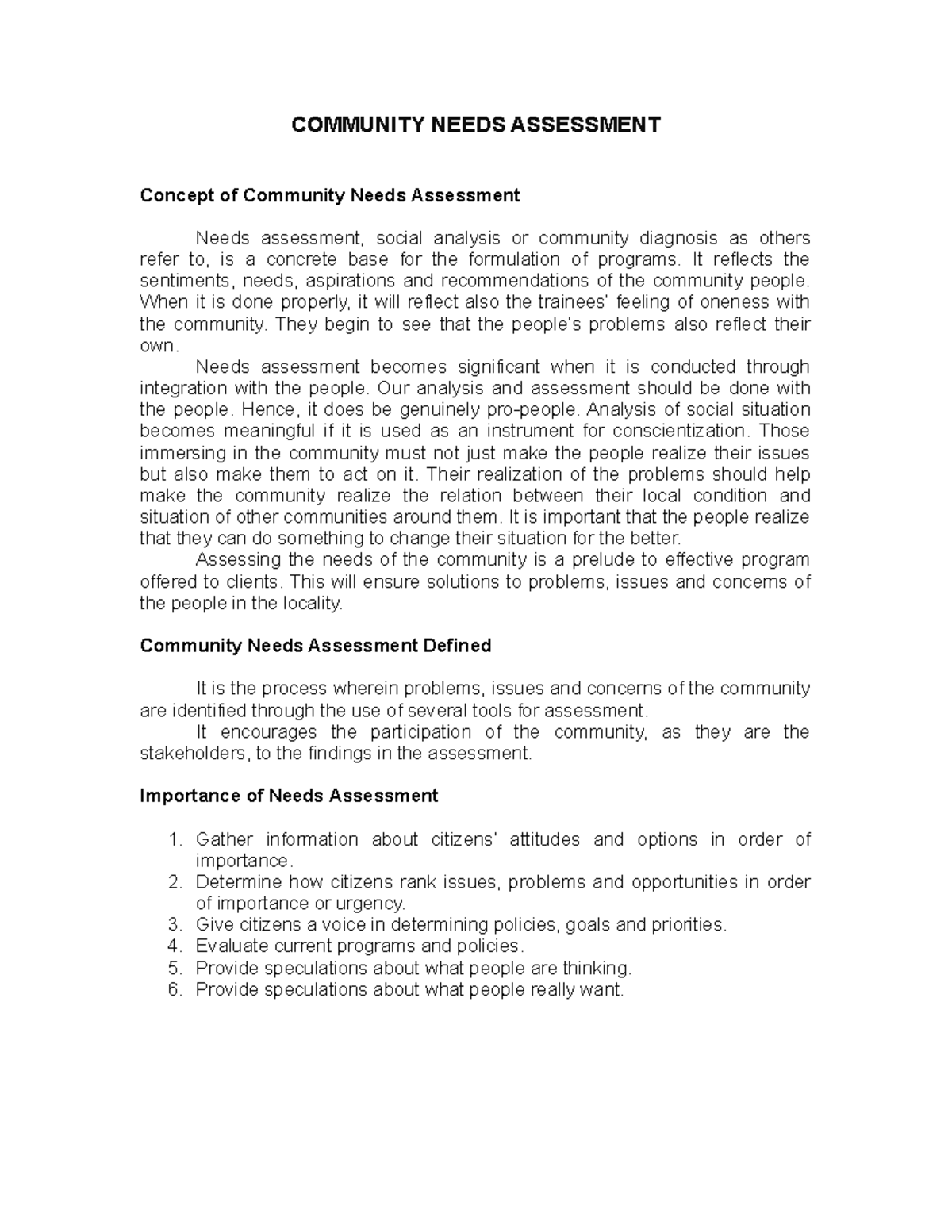Community Needs Assessment - Lesson 4 Overview and Framework - Studocu