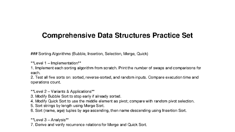 Data Structures Practice Set: Sorting & Linked Lists (CS101) - Studocu