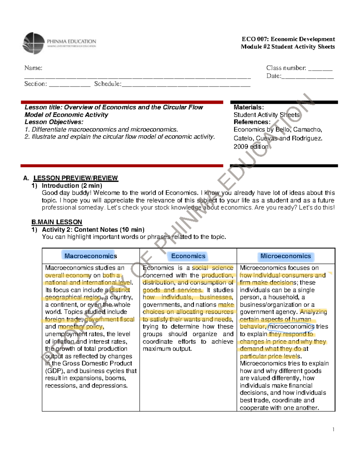 SAS2-ECO007: Lesson 2 Activity Sheets on Economics & Circular Flow ...