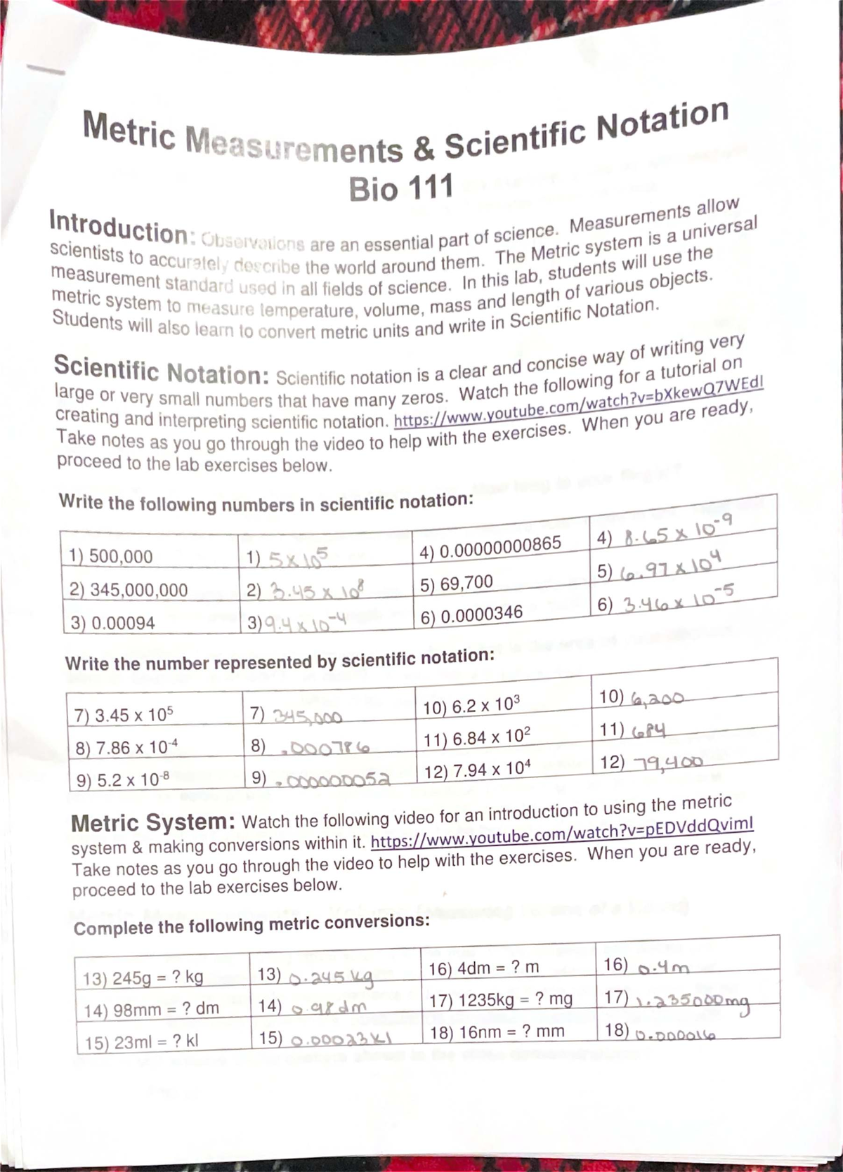 Lab 2 Bio 111 - Metric Measurements and Scientific Notation Guide - Studocu