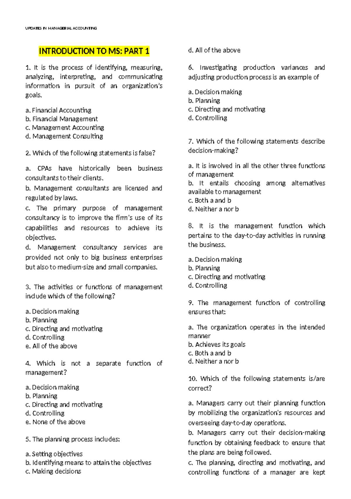 Lesson 1 - Practice Test on Updates in Managerial Accounting - Studocu