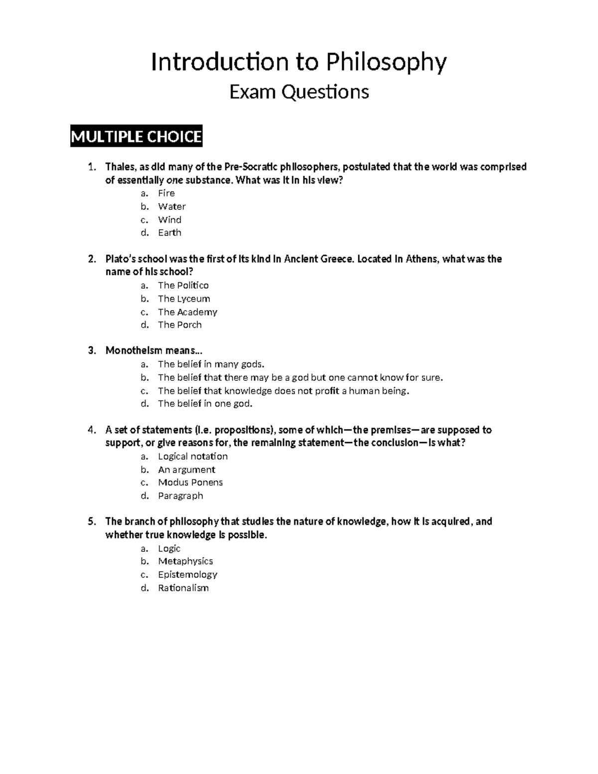 PHIL101 Final Exam Questions & Answer Key for Introduction to ...