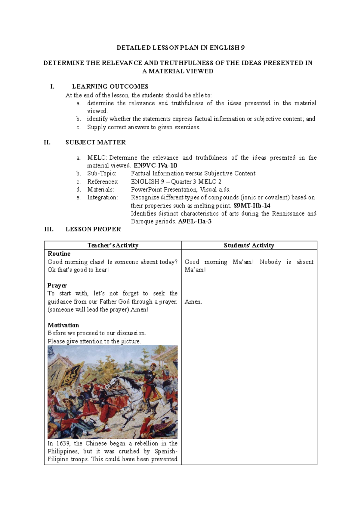 Detailed Lesson Plan on Factual vs. Subjective Content - EN9 - Studocu