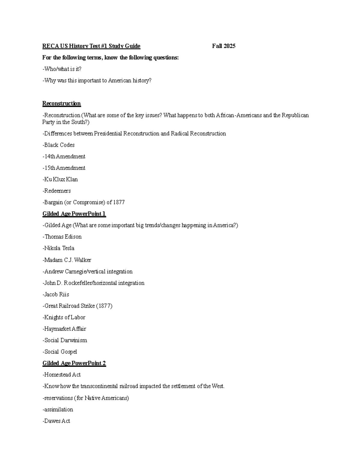 RECA US History Test #1 Study Guide - Fall 2025 - Studocu