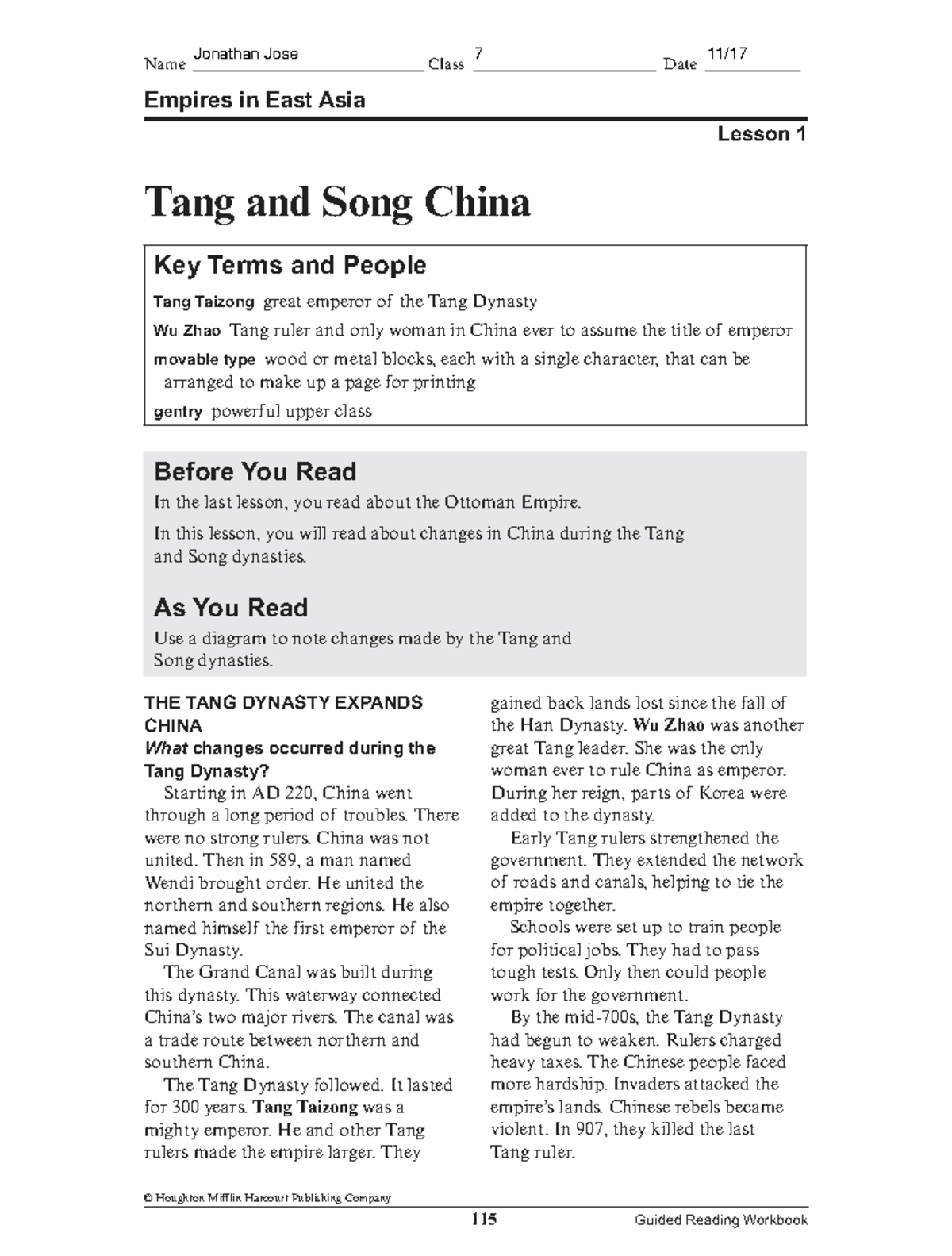 Tang and Song China (Empires in East Asia) Lesson 1 Guided Reading ...