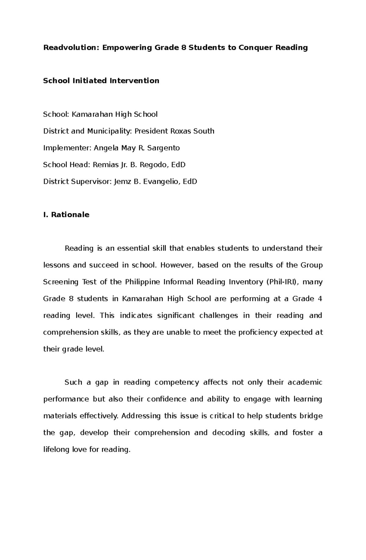 Readvolution: Intervention Strategies for Grade 8 Reading Skills - Studocu