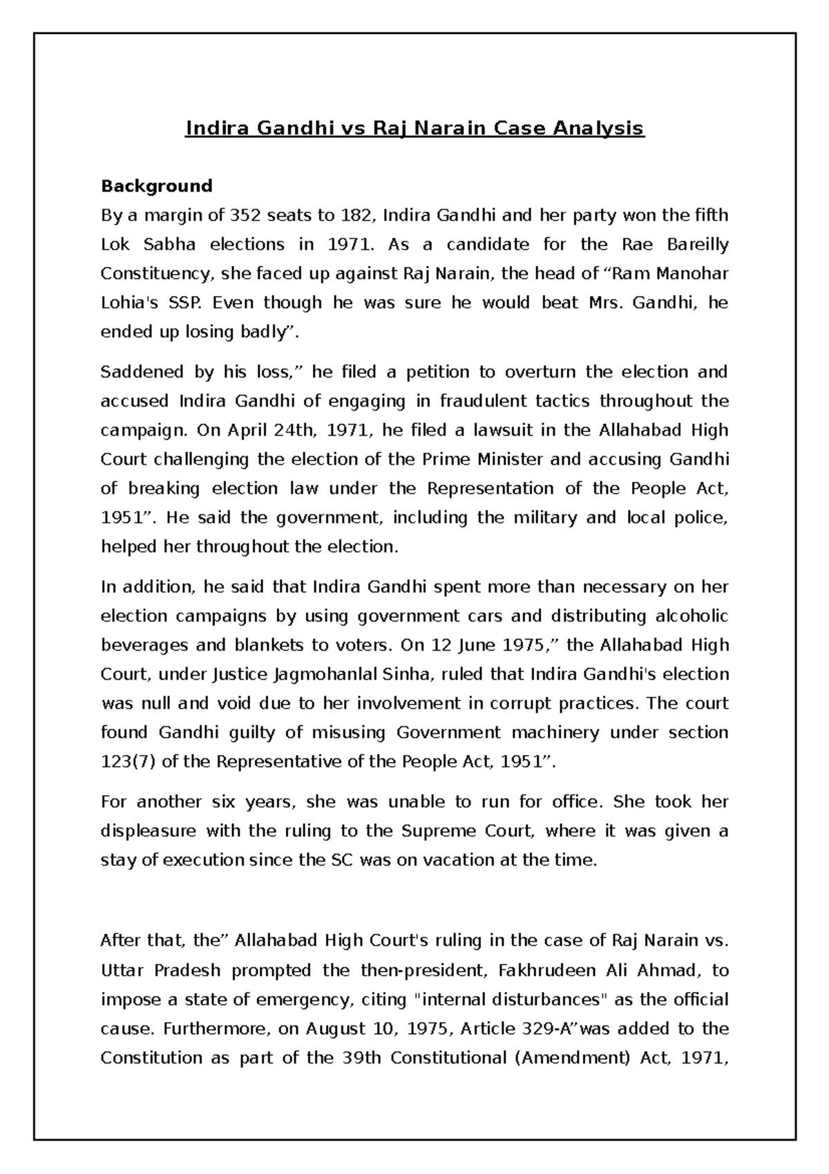 Indira Gandhi vs Raj Narain Case Analysis - A Judicial Perspective ...
