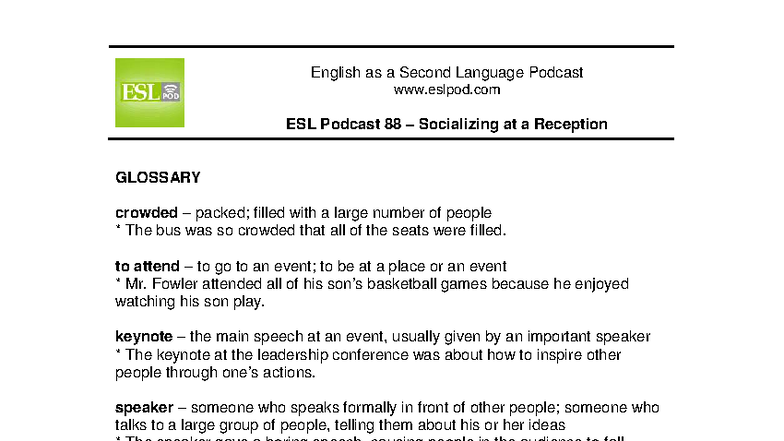 ESL Podcast 88: Socializing at a Reception - Key Vocabulary Guide - Studocu