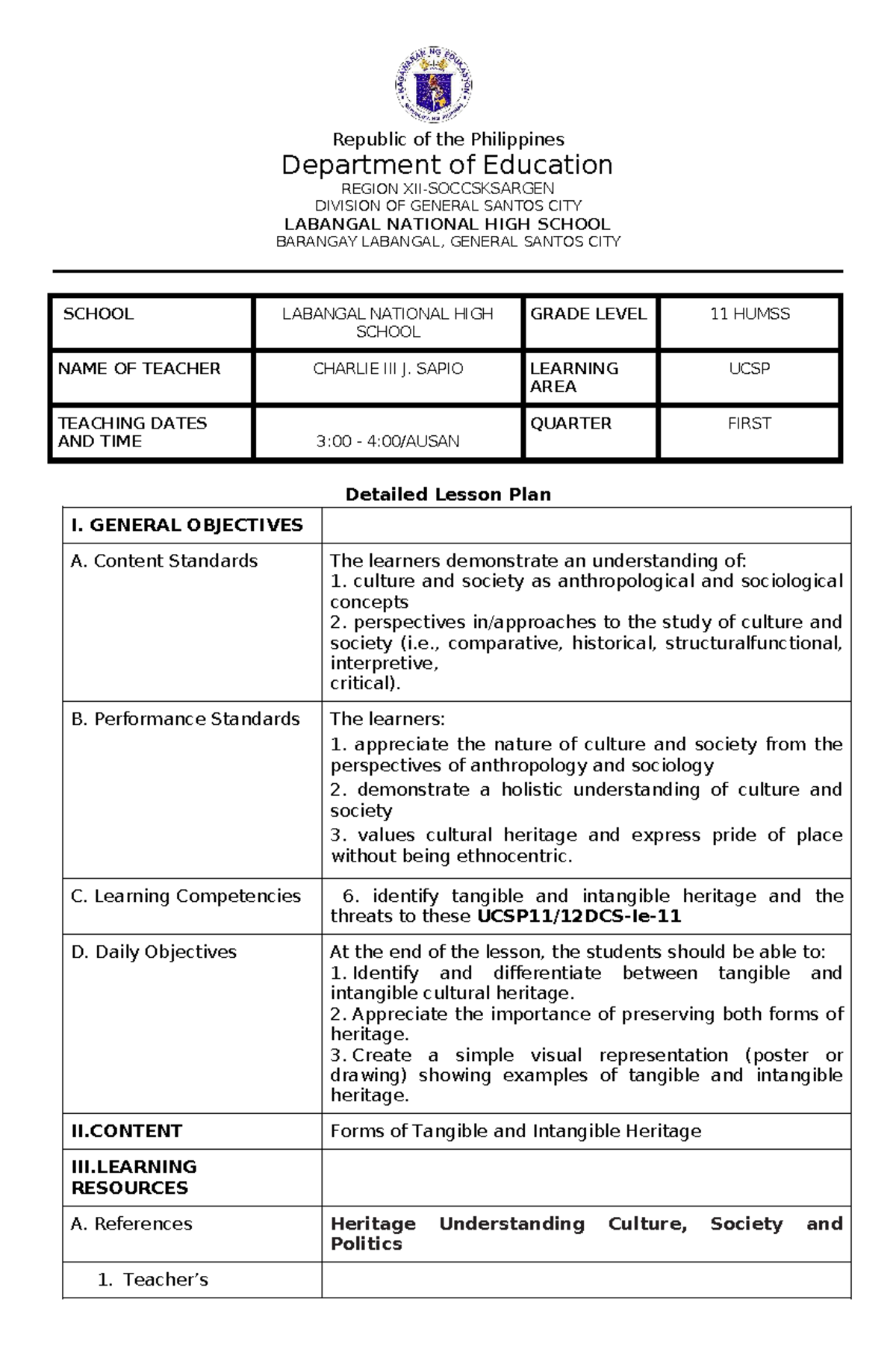Grade 11 HUMSS UCSP Lesson Plan: Tangible & Intangible Heritage - Studocu