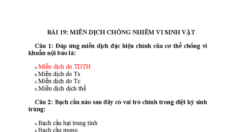 BÀI 19: MIỄN DỊCH CHỐNG NHIỄM VI SINH VẬT - Câu Hỏi Trắc Nghiệm - Studocu