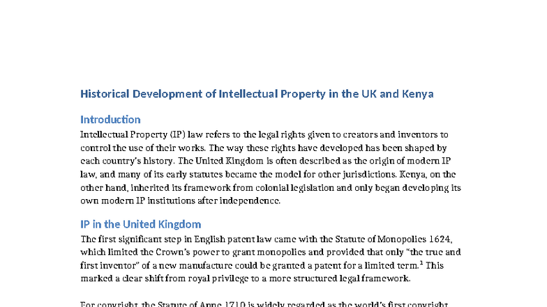 Historical Development of IP Law in the UK and Kenya - Studocu