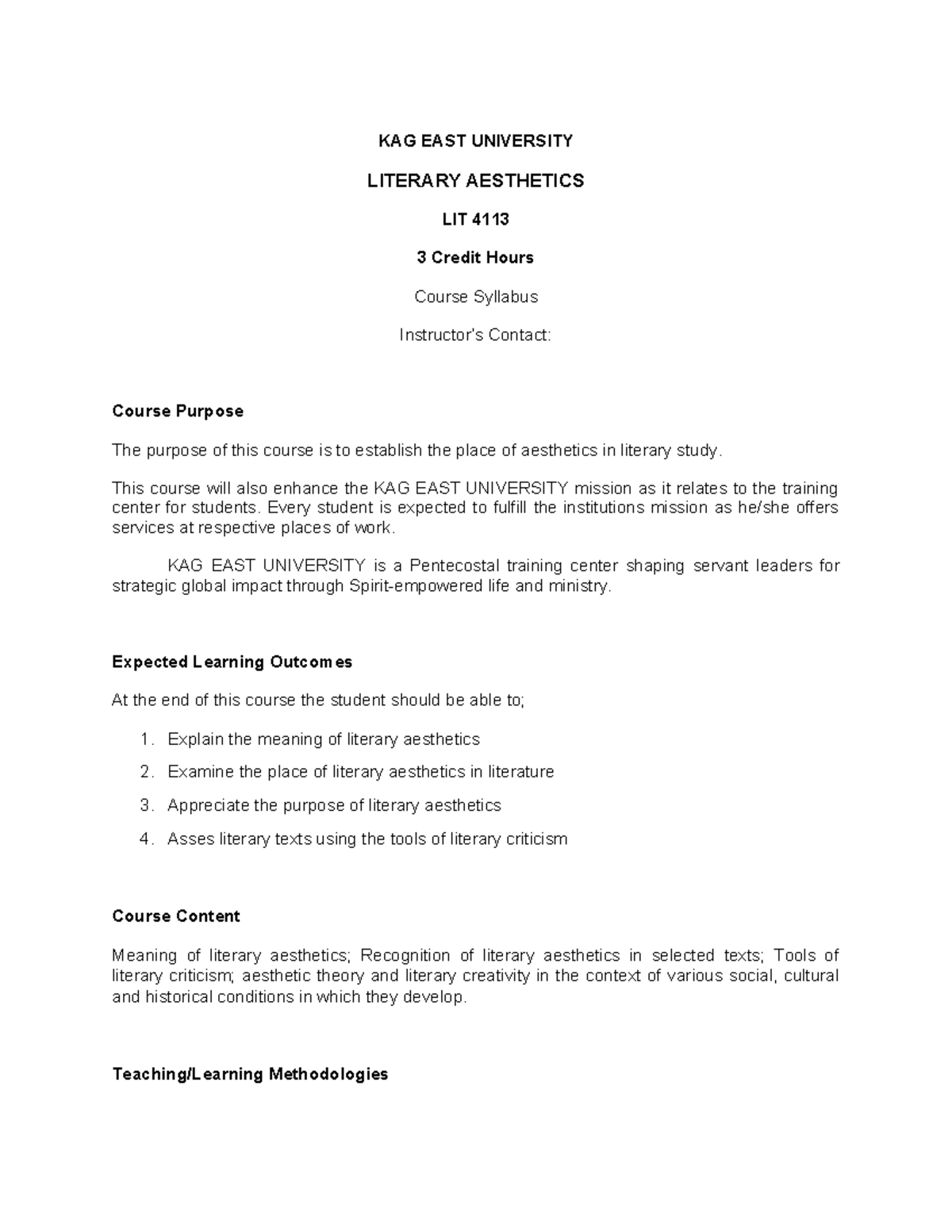 Literary Aesthetics Course Syllabus - LIT 4113 at KAG EAST UNIVERSITY ...