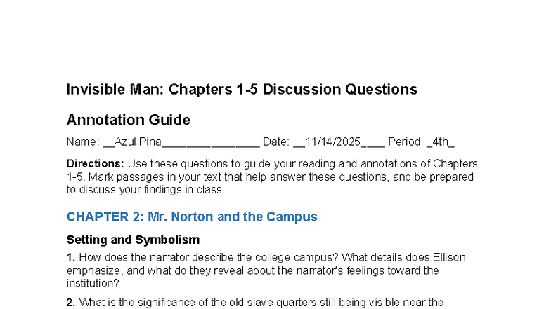 Invisible Man (ENG 101): Chapters 1-5 Discussion Questions Guide - Studocu