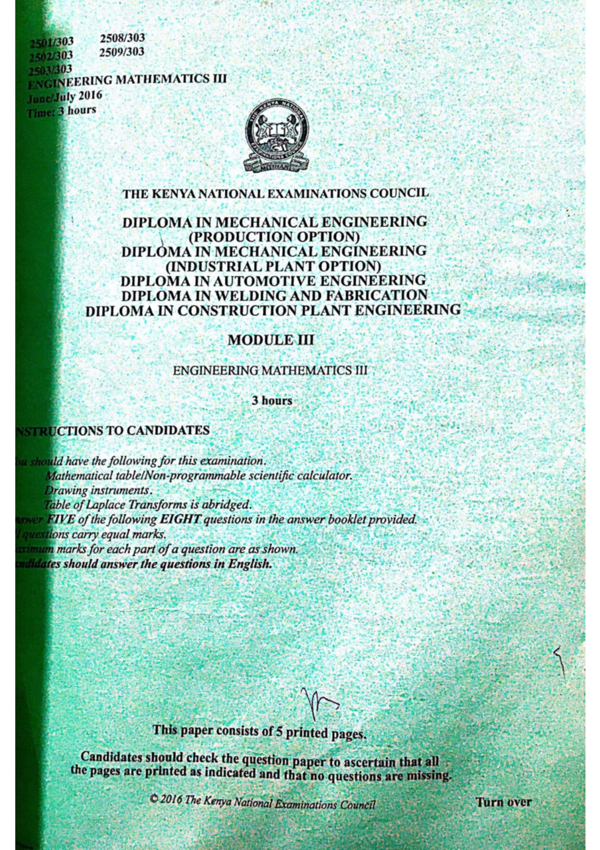 Engineering Mathematics M3: Diploma in Mechanical Engineering Exam 2016 ...