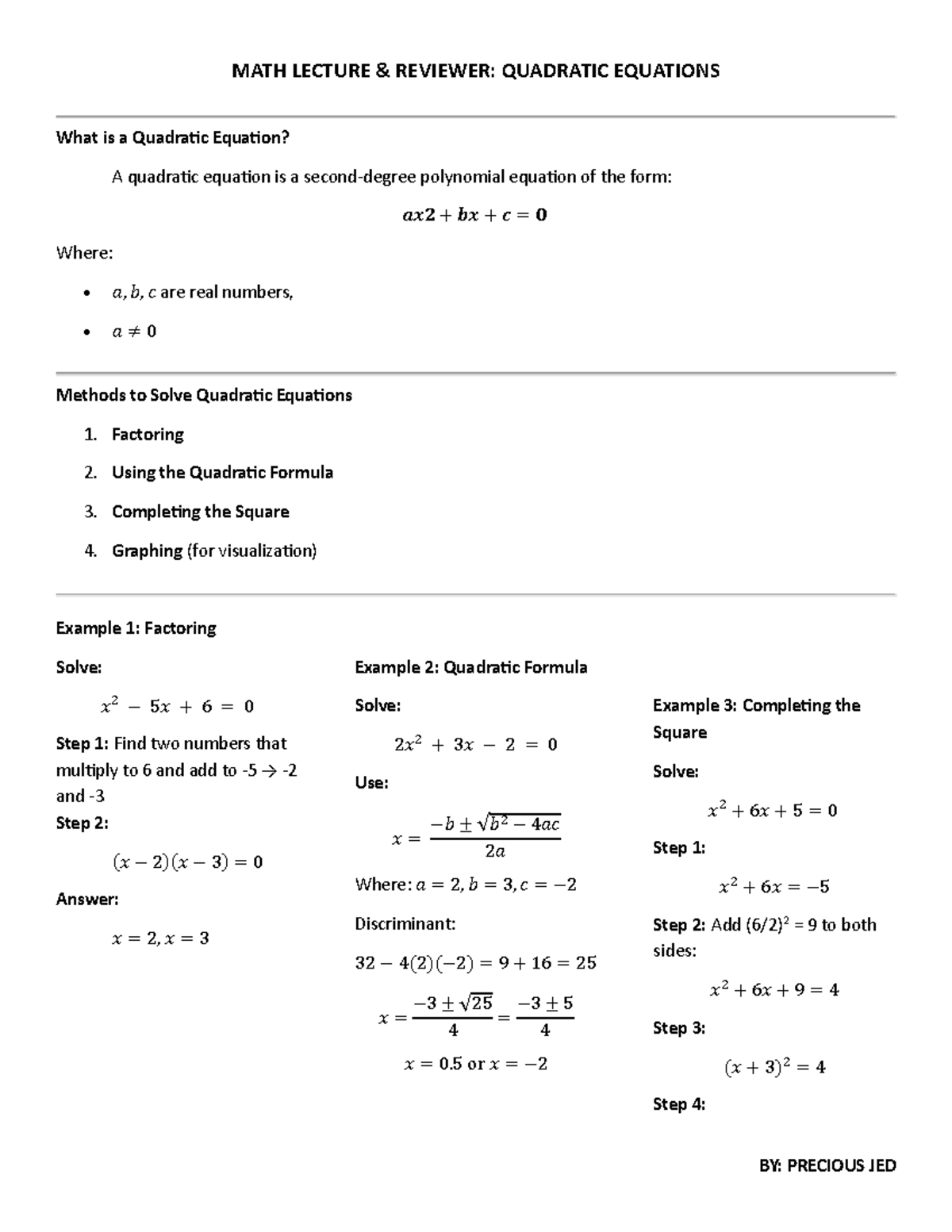 MATH LECTURE REVIEWER: SOLVING QUADRATIC EQUATIONS - Studocu