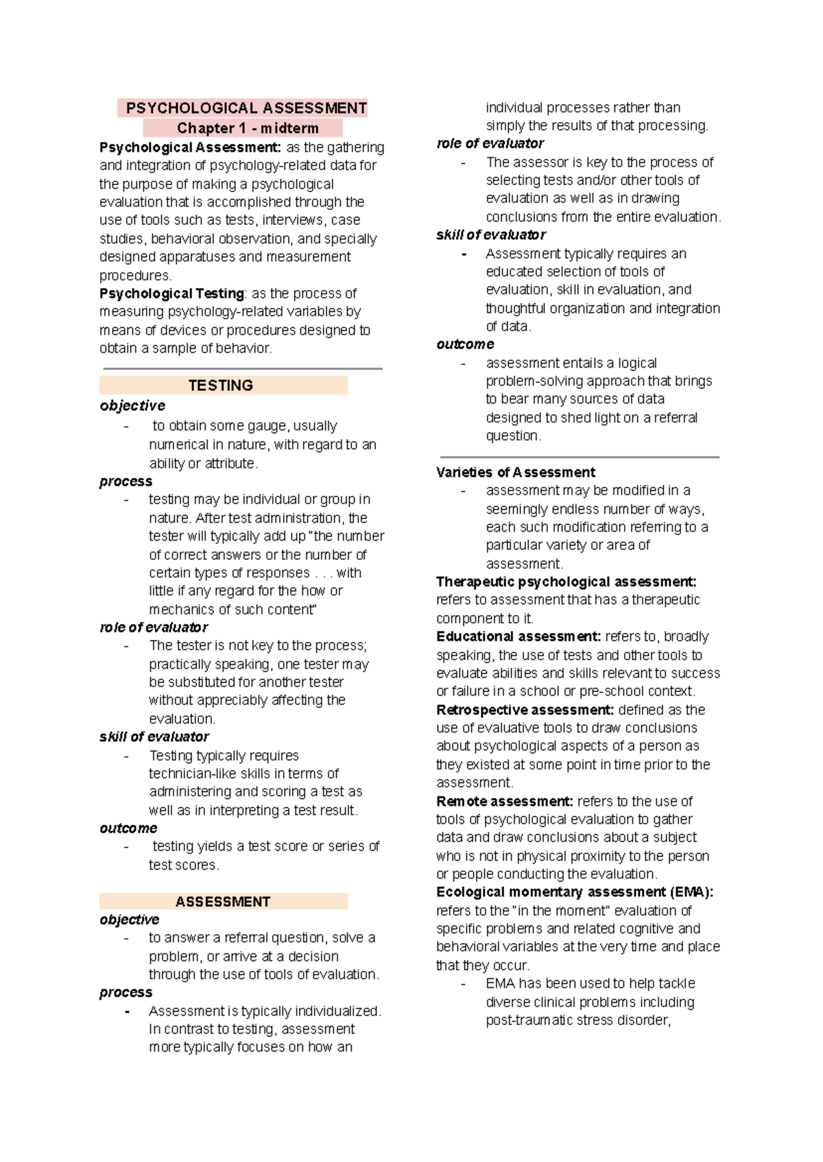 Psychological Assessment Overview - PSY 101 Midterm Notes - Studocu