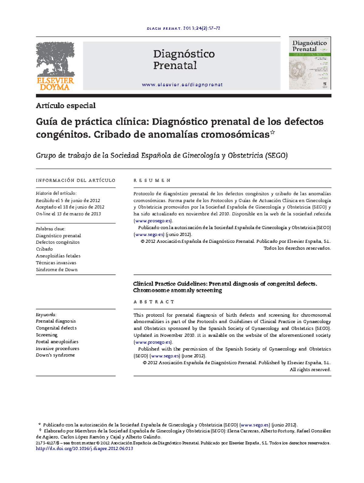 Guía SEGO: Diagnóstico Prenatal de Defectos Congénitos y Cribado - Studocu