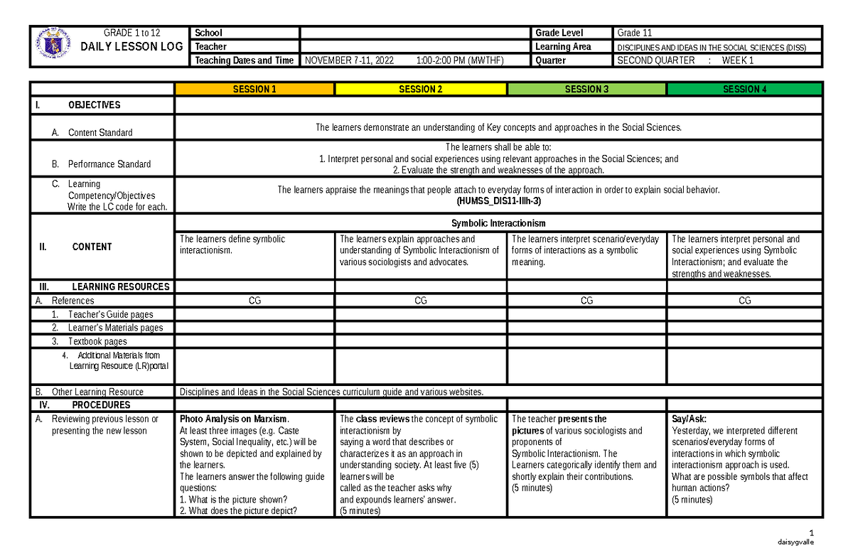 Discipline and Ideas in Social Sciences (DISS) Lesson Plan: Grade 11 ...