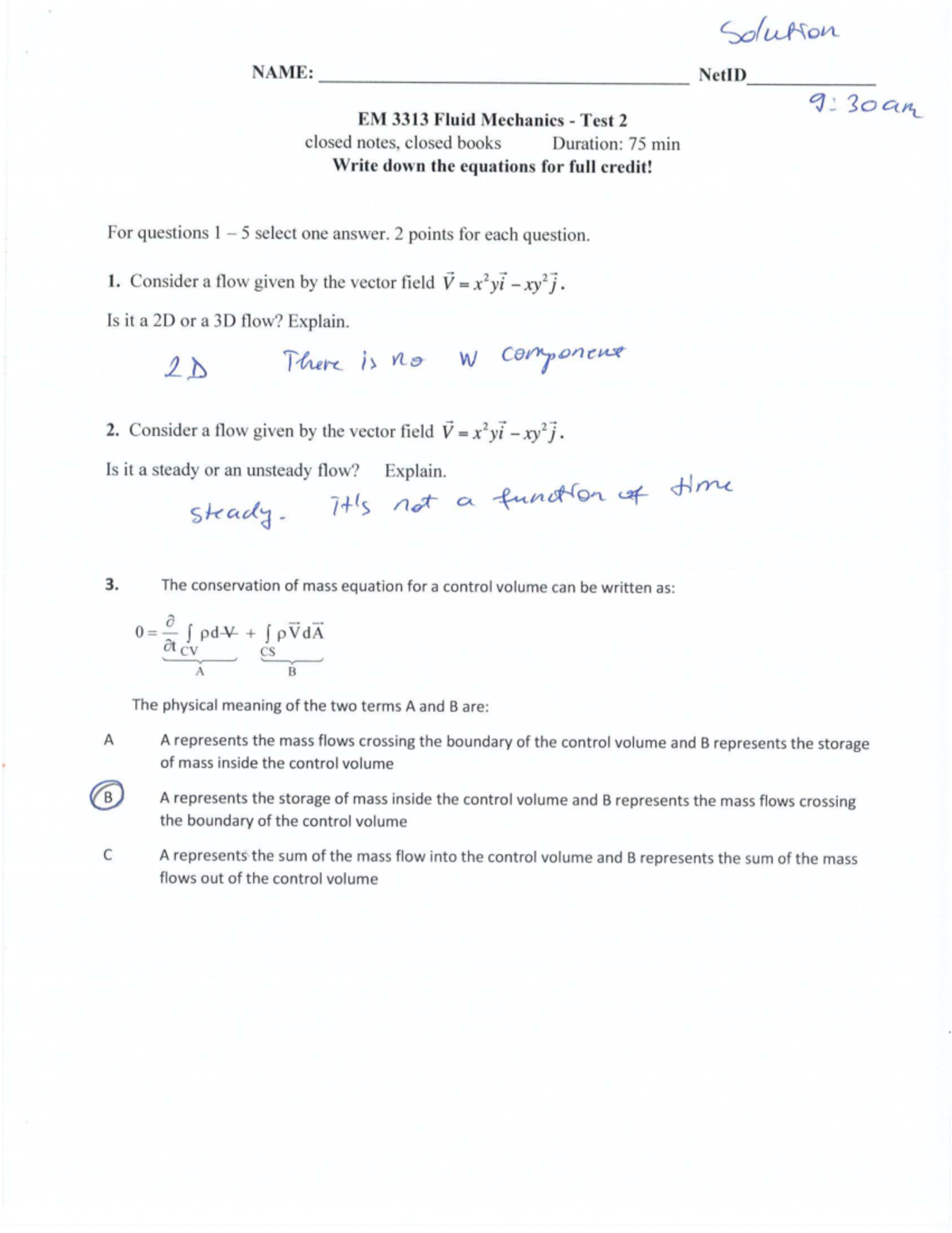 Fluids Test2 S23 - exam 2 - Solution NAME: NetID 9:30am EM 3313 Fluid ...