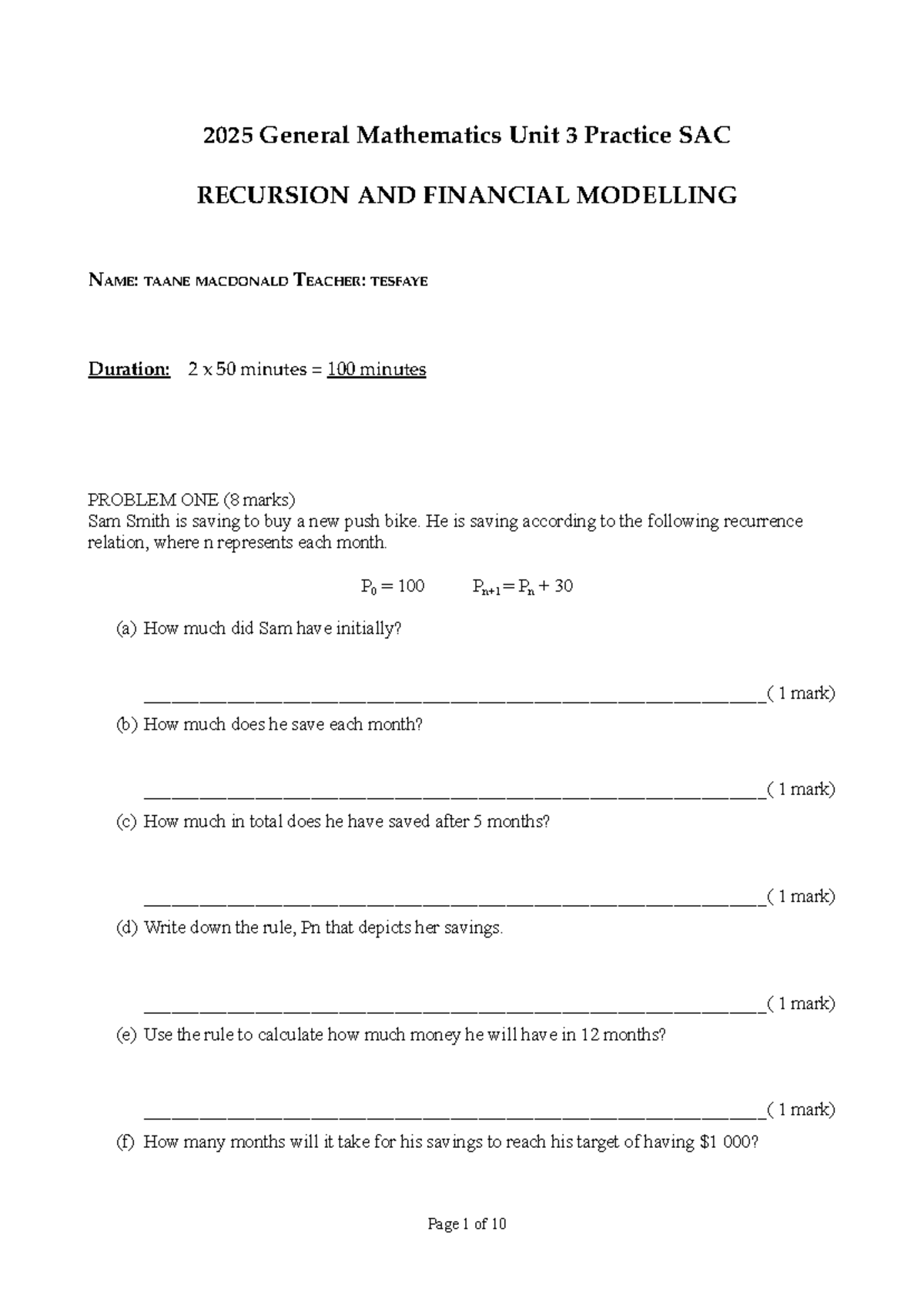 Financial & Recursion Practice SAC 20985: Unit 3 Exercises - Studocu