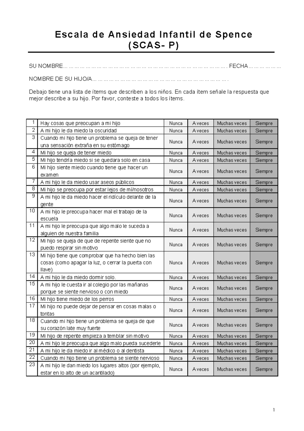 Escala de Ansiedad Infantil de Spence - SCAS para Padres - Studocu