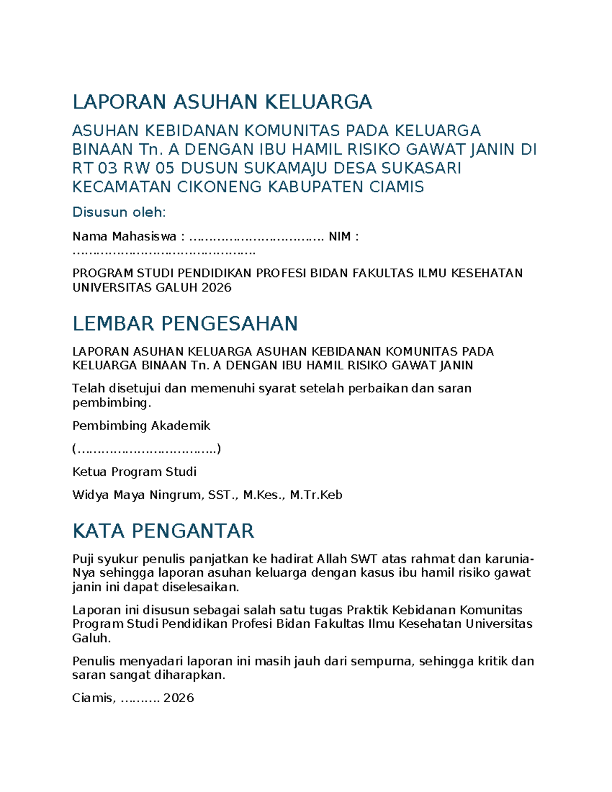 Laporan Asuhan Keluarga Kebidanan Komunitas: Ibu Hamil Risiko Gawat ...