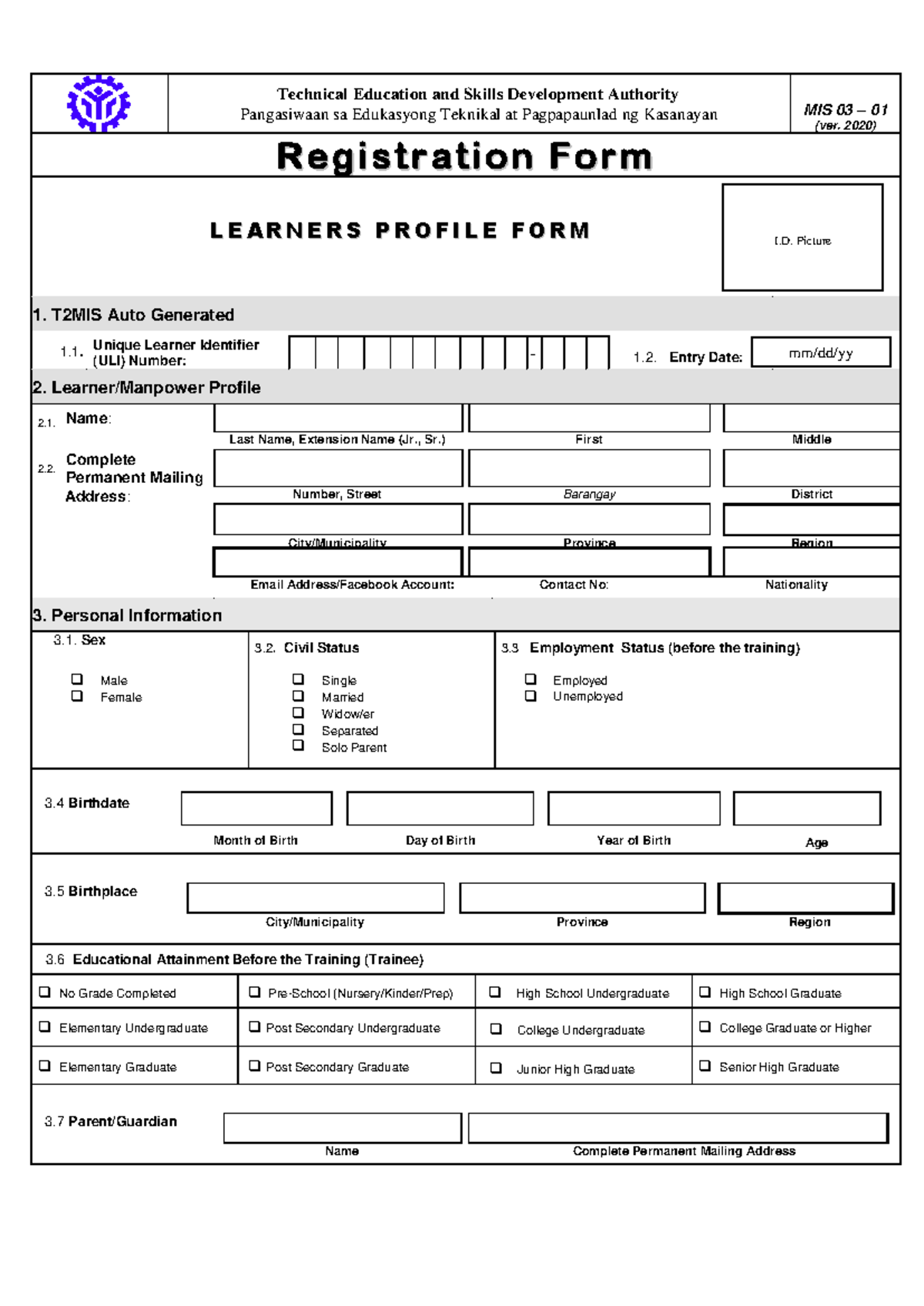 MIS 03 01 Learners Registration Form for Technical Education 2020 - Studocu