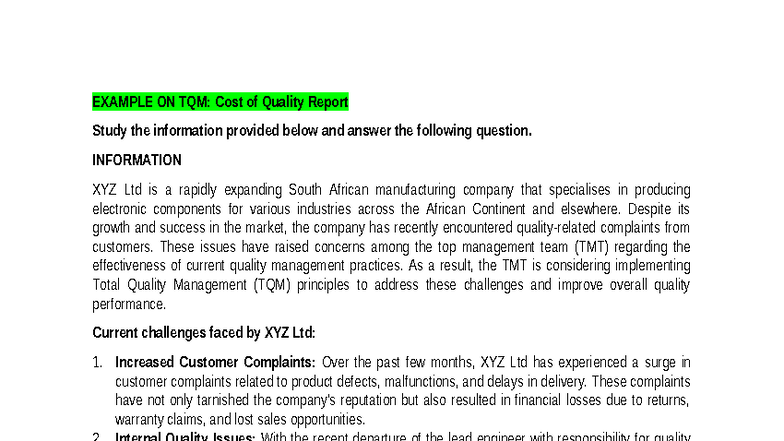 TQM Case Study: Cost of Quality Report for XYZ Ltd (EXAMPLE TQM 1.1 ...