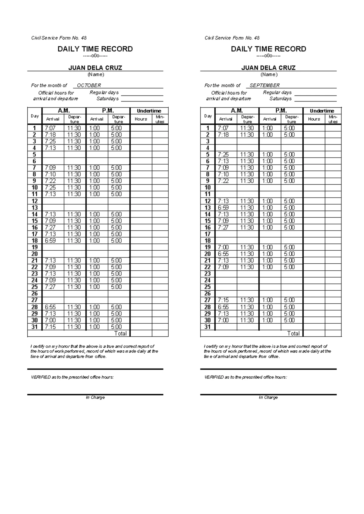 DTR - experiment - Civil Service Form No. 48 DAILY TIME RECORD -o0o ...