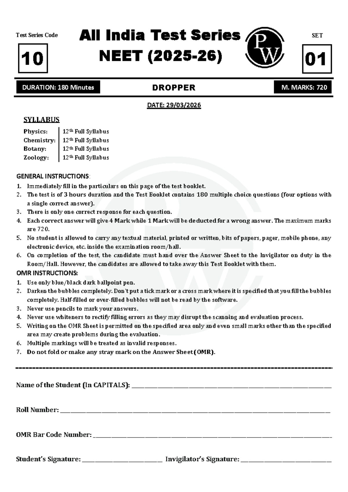 All India Test Series NEET 2025 Dropper Set 01 Question Paper - Studocu