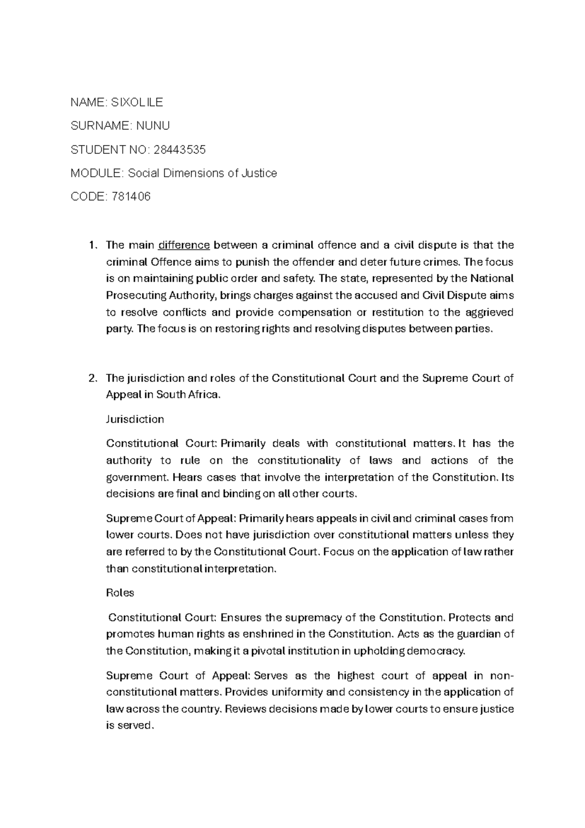 SJD1501 Assessment 3: Social Dimensions of Justice Overview - Studocu