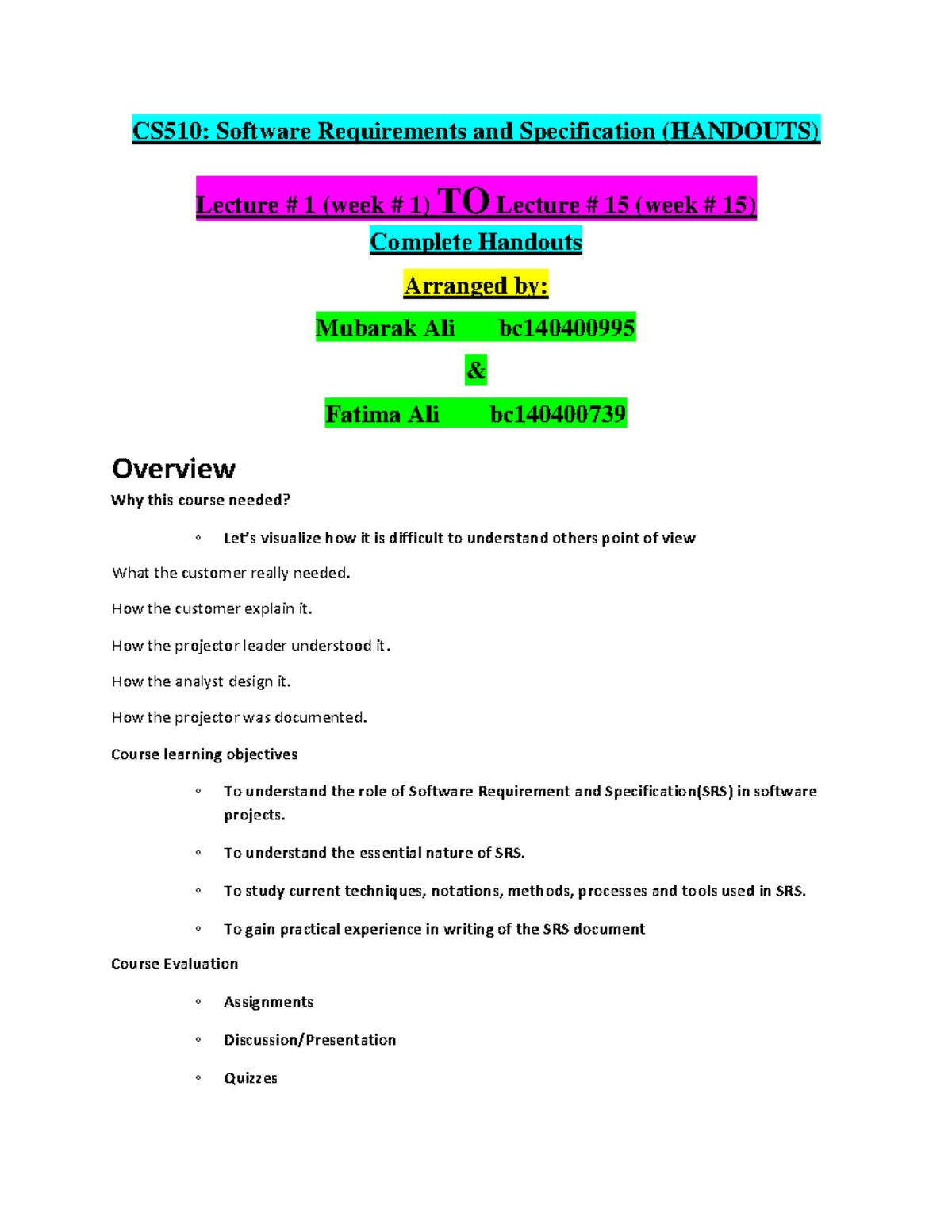 CS510 Handouts Software Requirementsand Specification - CS510: Software ...