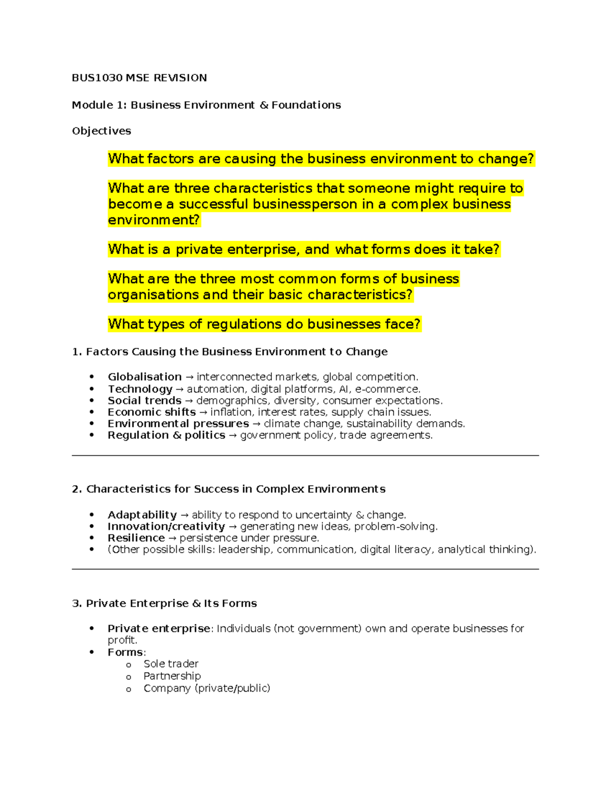 BUS1030 MSE Revision: Business Environment & Accounting Insights - Studocu